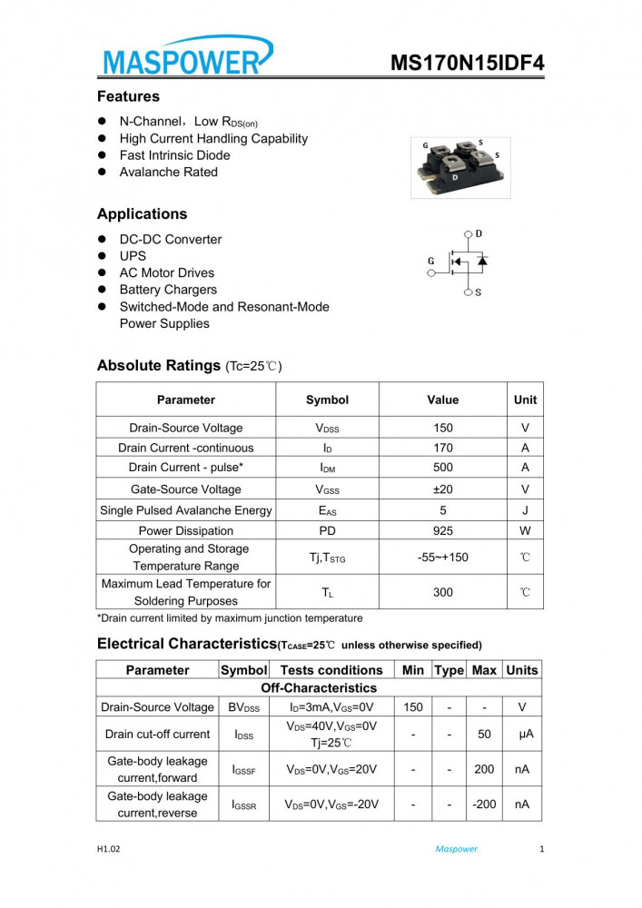 MS170N15IDF4 datasheet page 1