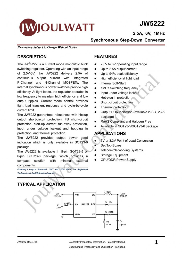 JW5222 datasheet page 1