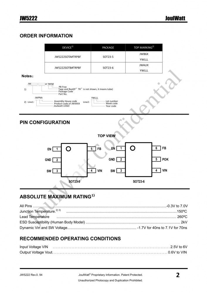 JW5222 datasheet page 2