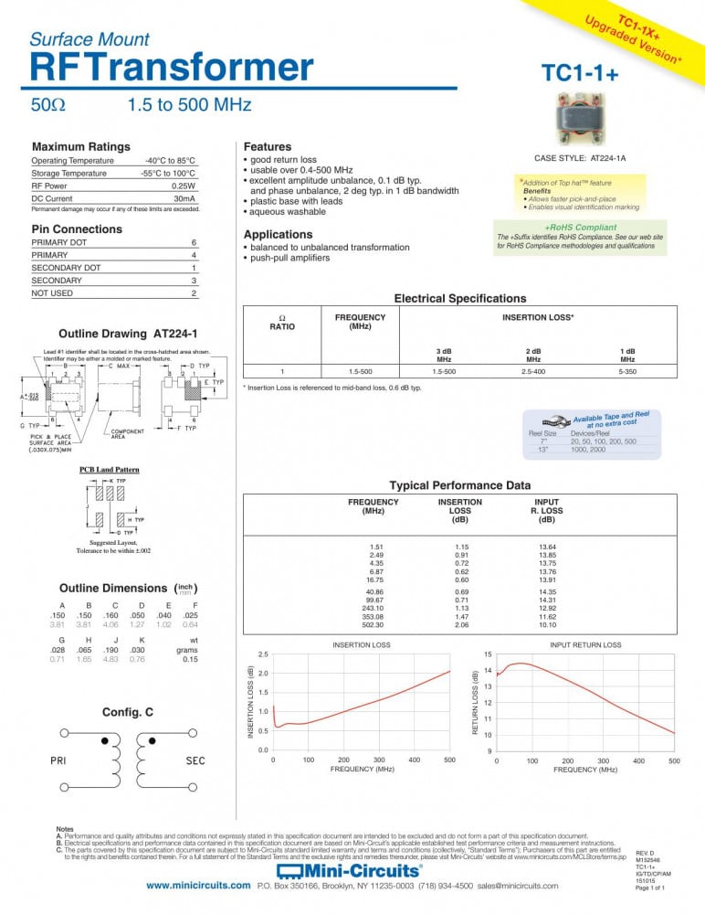 Mini-Circuits TC1-1+ technical document preview