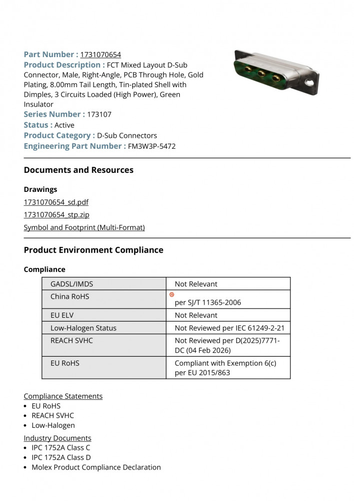 MOLEX 1731070654 technical drawing page 1