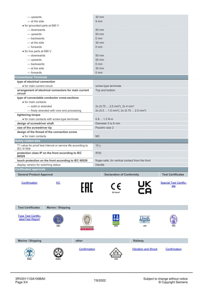 3RV20111GA100BA0 datasheet page 3