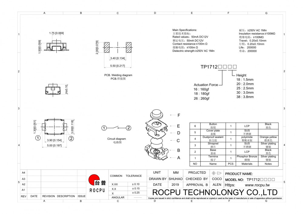 ROCPU TP171 technical drawing and specification document