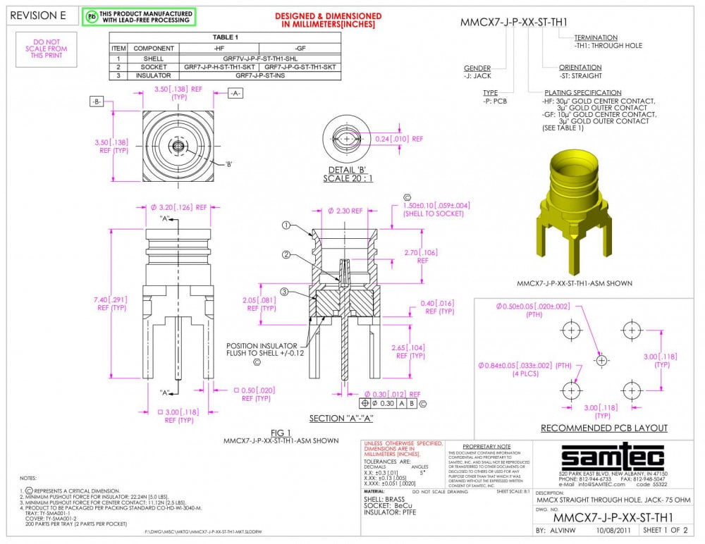 Samtec MMCX7-J-P-HF-ST-TH1 technical drawing page 1