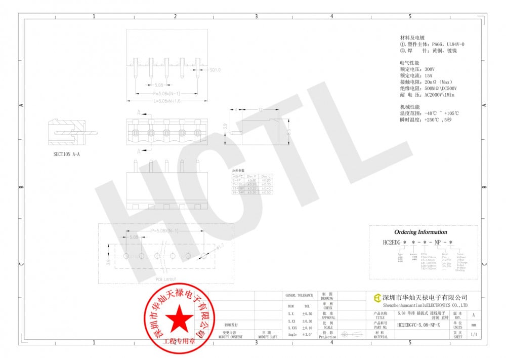 HCTL HC2EDGVC-5.08 terminal block engineering drawing