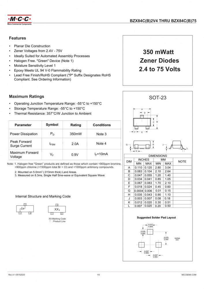 MCC BZX84C5V6 datasheet page 1