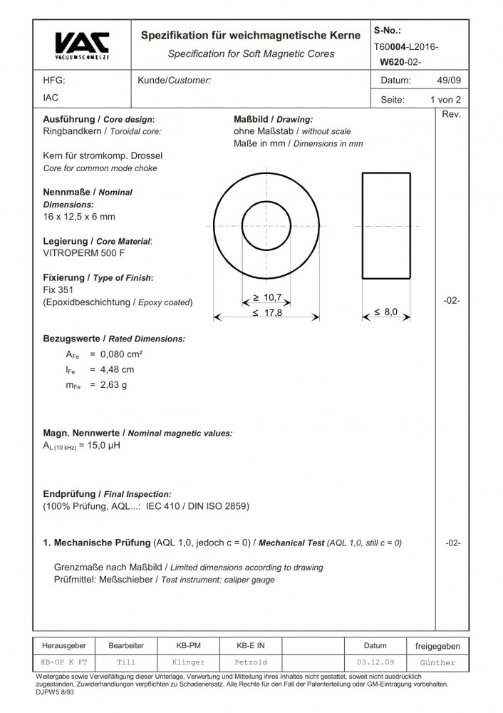 Soft magnetic core specification, page 1