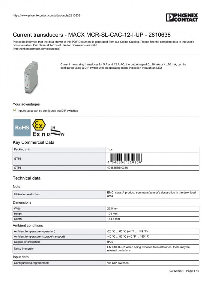 Phoenix Contact 2810638 technical document page 1