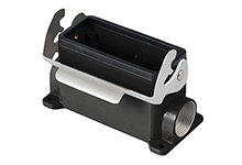 Heavy-Duty Harsh Environment (HE) Single Lever Hood, Die-cast Aluminum, with 2 Pegs, Top Entry, Size 16A «66x16», M20 Thread, High Construction,  Black