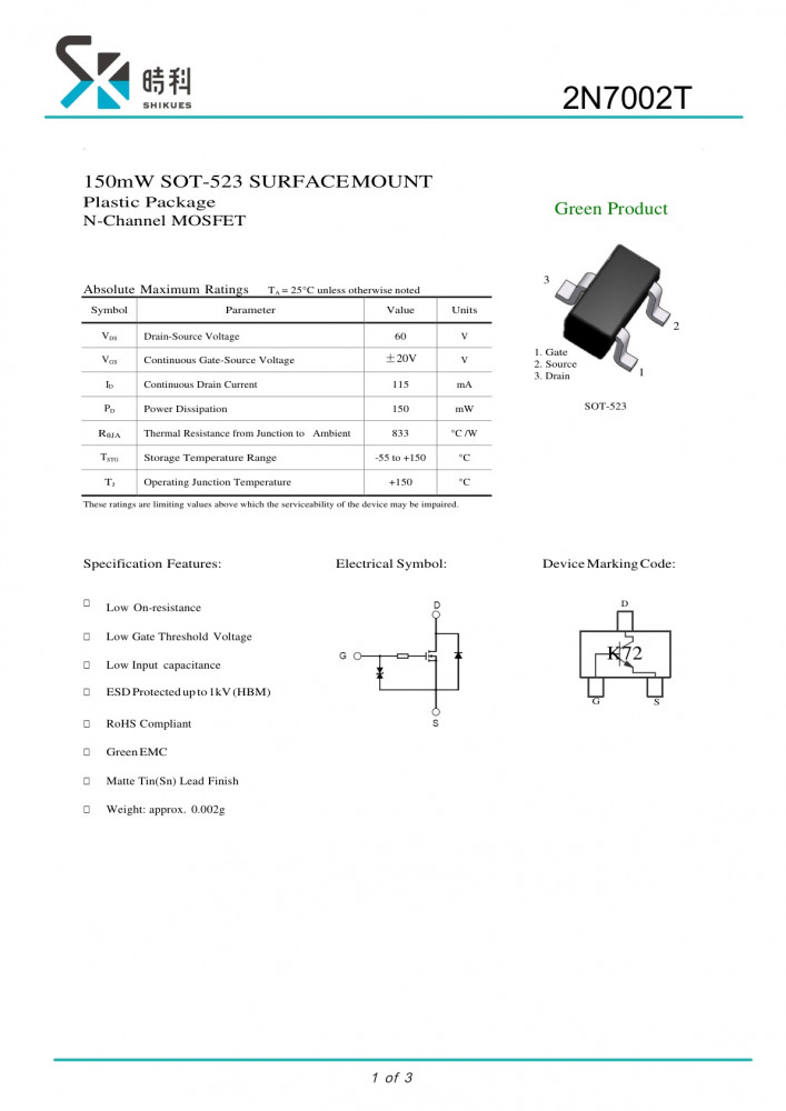 2N7002T datasheet page 1
