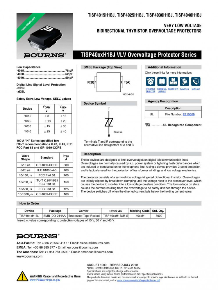 TISP4015H1BJR-S datasheet page 1
