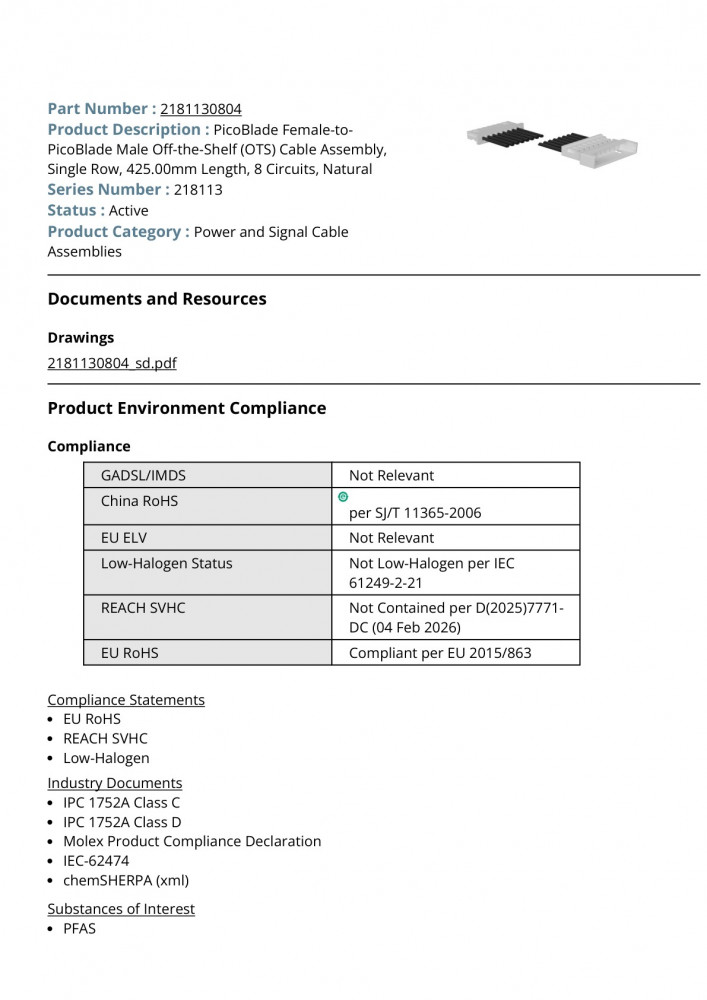 MOLEX 2181130804 drawing page 1