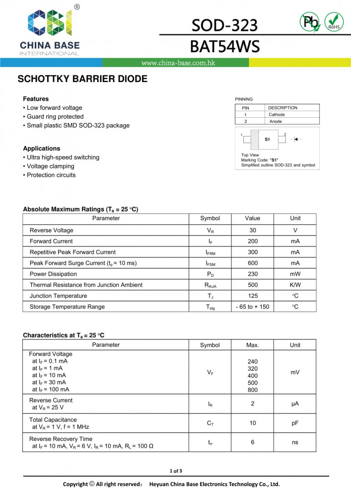 CBI BAT54WS datasheet page 1