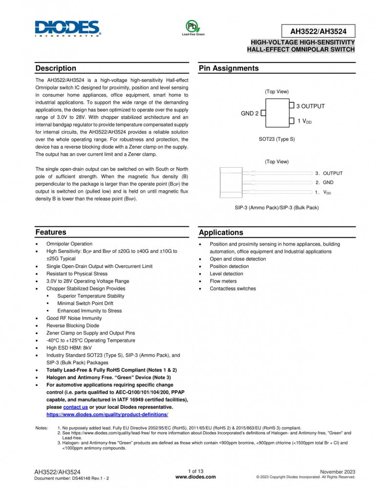 AH3522-SA-7 datasheet page 1