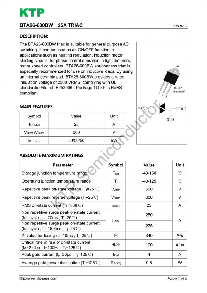 BTA26-600BW datasheet page 1