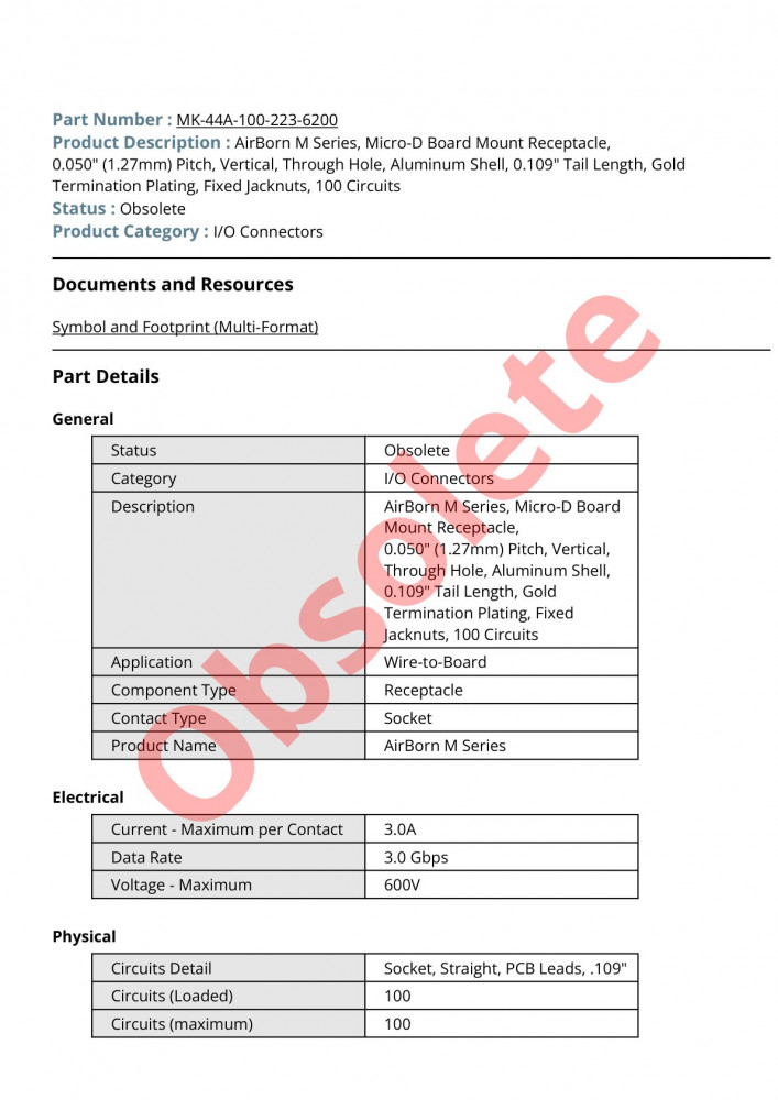 Technical document page 1 for MK-44A-100-223-6200