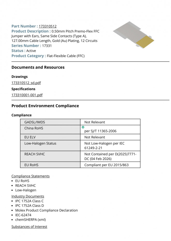 MOLEX 173310512 technical document, image 1