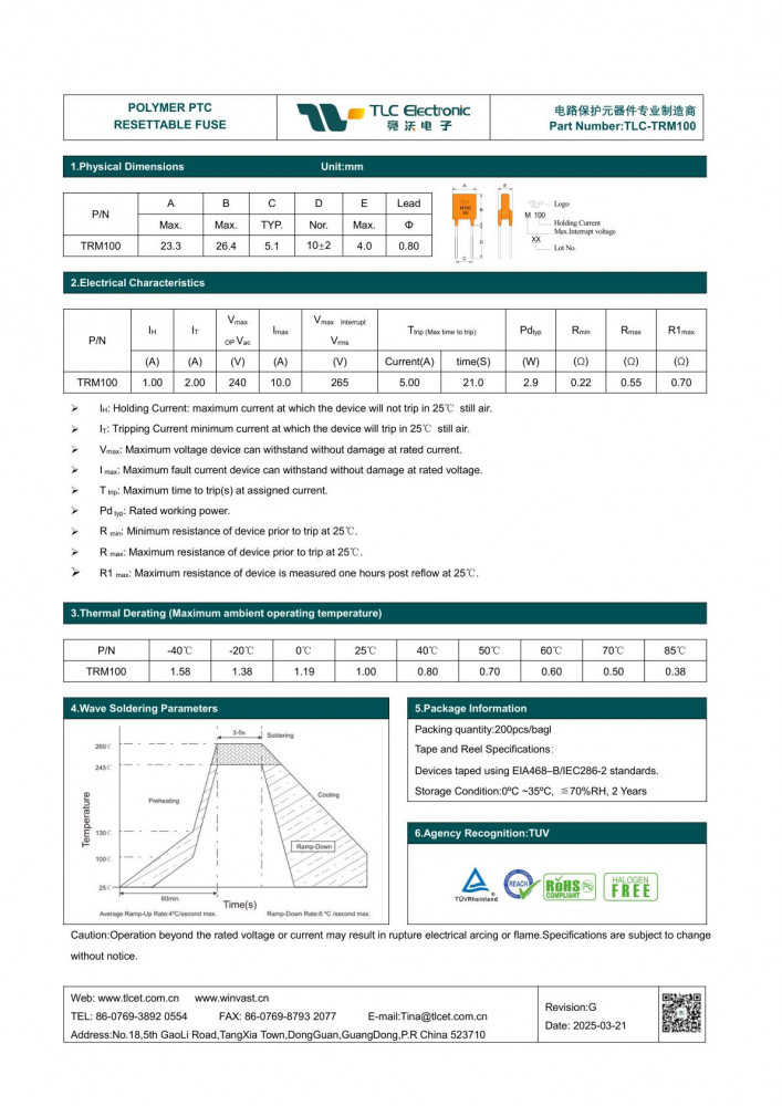 TLC Electronic TRM100 official datasheet page