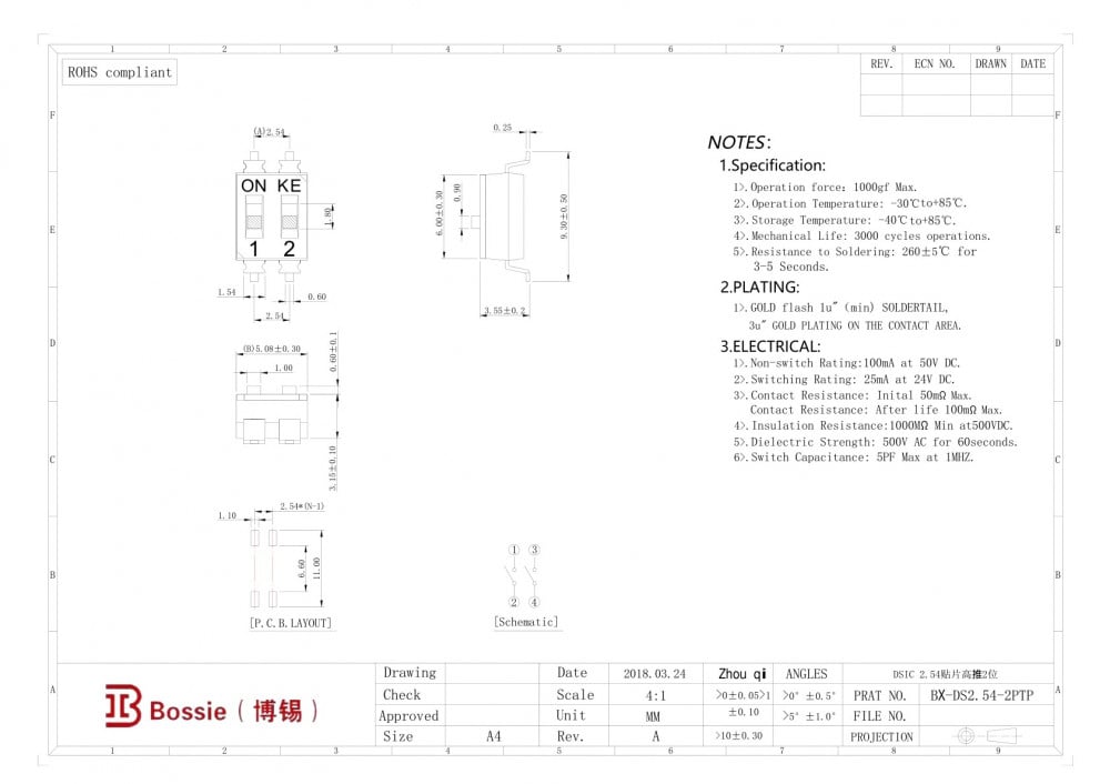 BX-DS2.54-2PTP technical drawing page