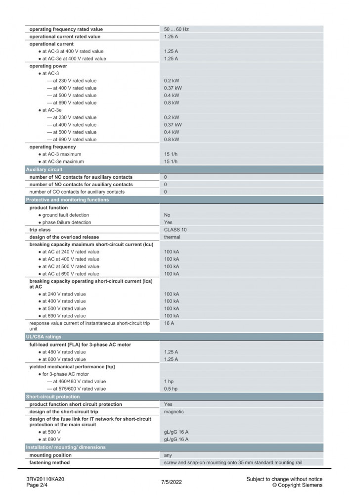 SIEMENS 3RV20110KA20 technical document page 2
