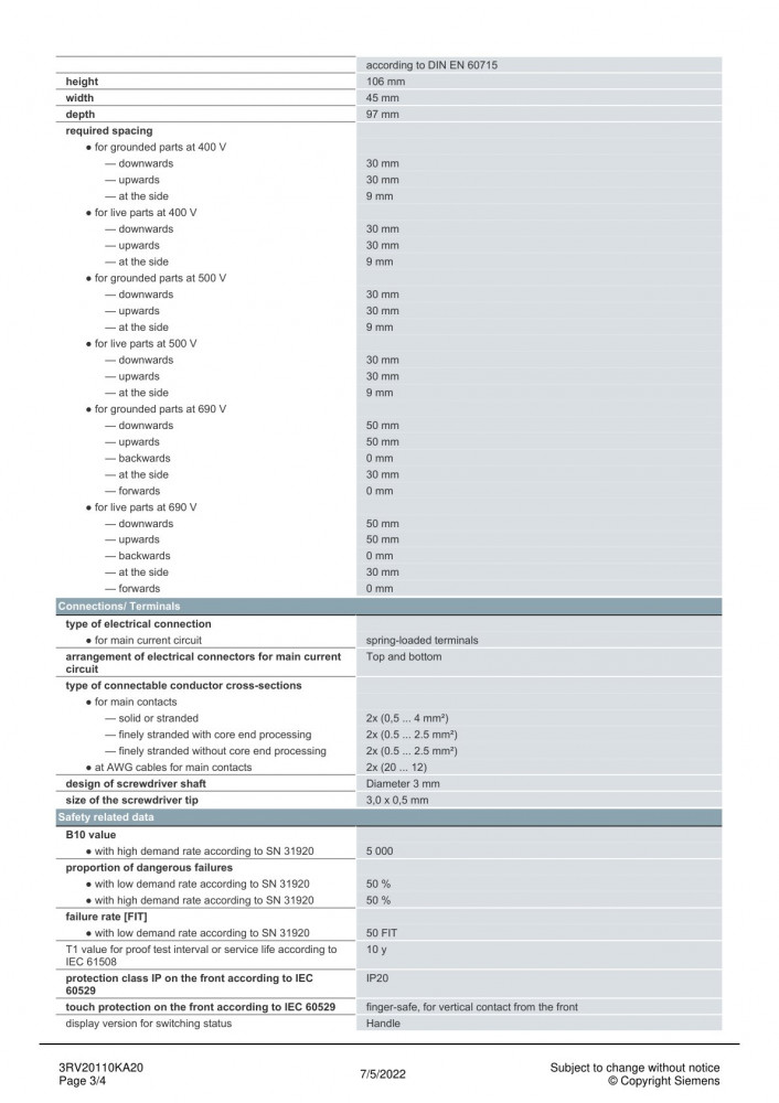 SIEMENS 3RV20110KA20 technical document page 3