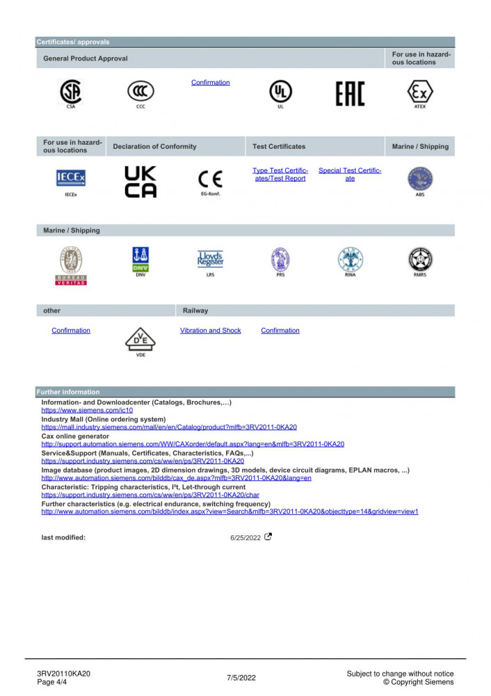 SIEMENS 3RV20110KA20 technical document page 4