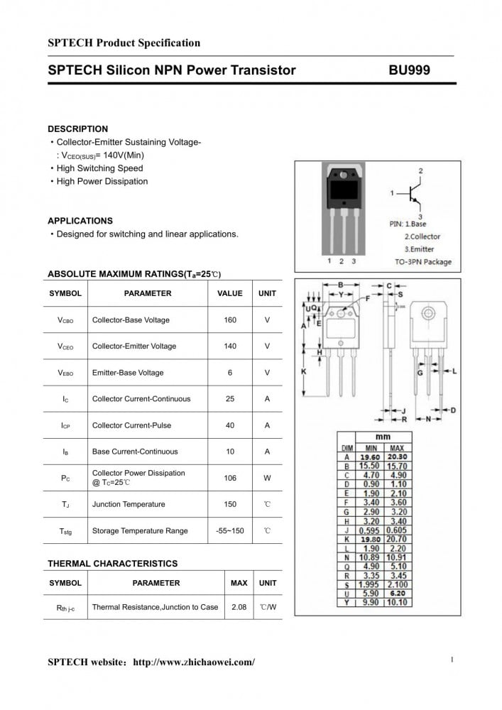 SPTECH BU999 datasheet page 1