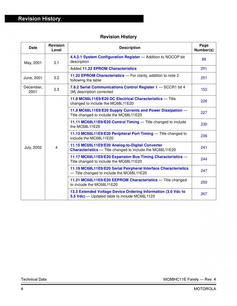 MC68HC11E family technical data page 4