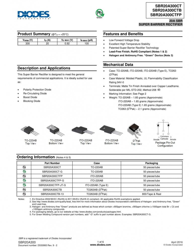SBR20A300CTFP-G datasheet page 1