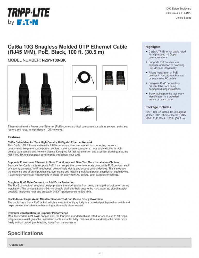 EATON N261-100-BK technical document page 1