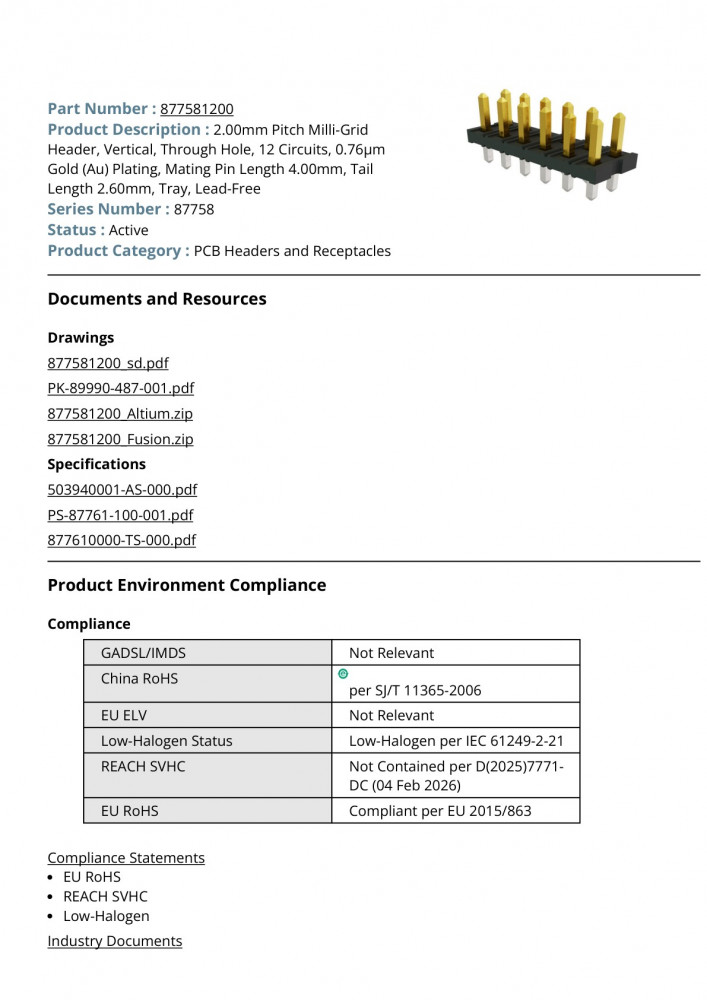 MOLEX 877581200 product document image, page 1