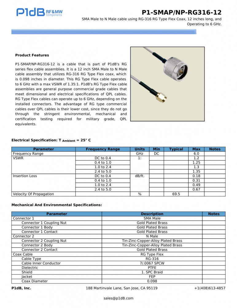 P1-SMAP/NP-RG316-12 product documentation, page 1