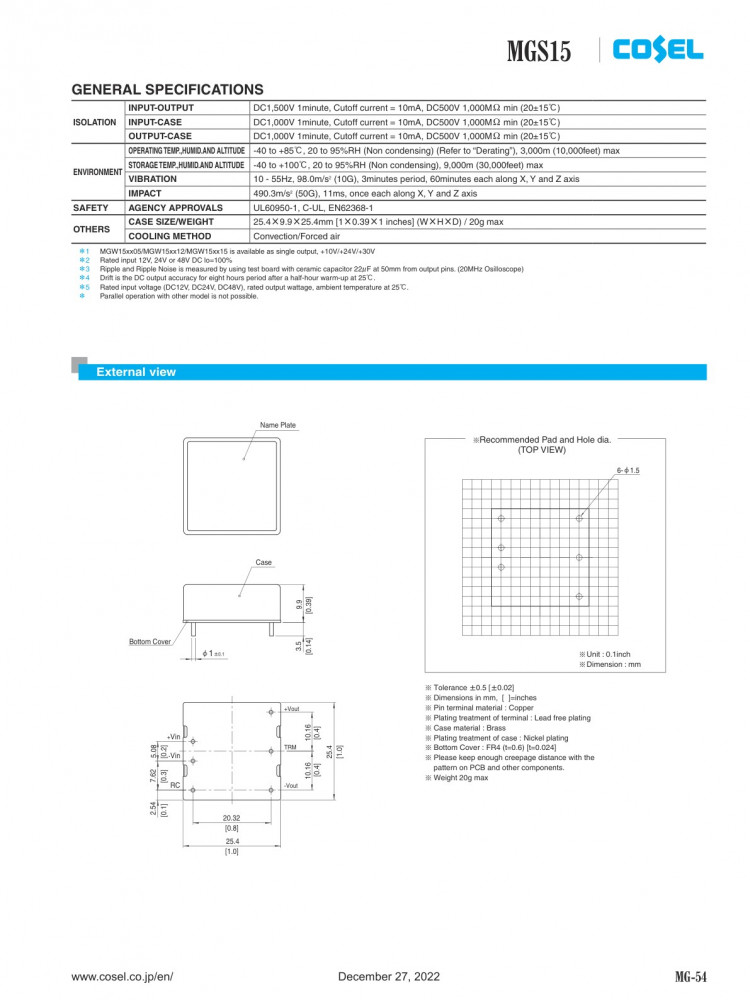 Cosel MG-series datasheet page 3