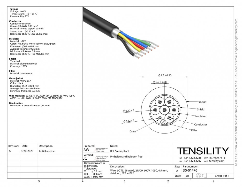 Technical drawing for Tensility International cable model 30-01476