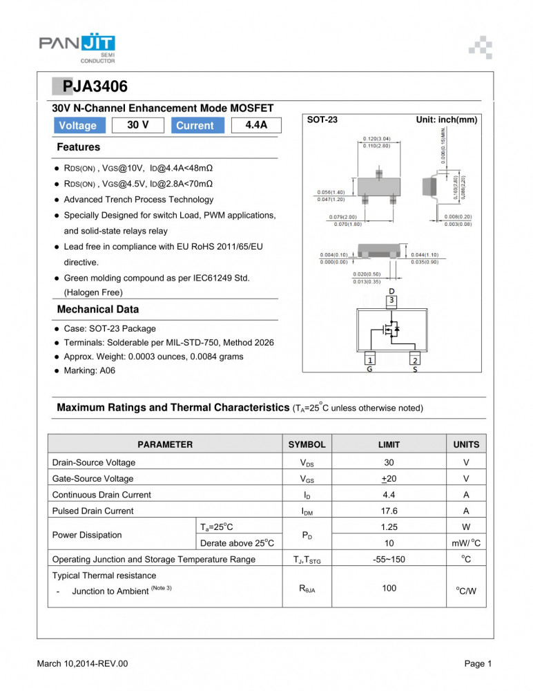 PJA3406 datasheet page 1