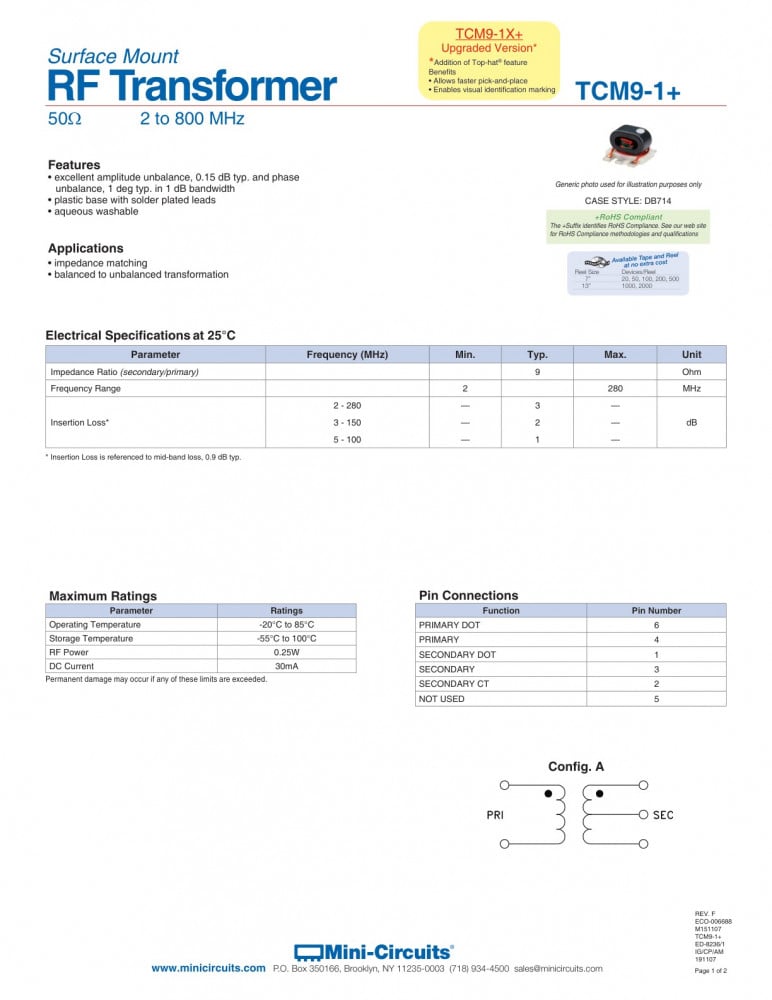 Mini-Circuits TCM9-1+ datasheet page 1