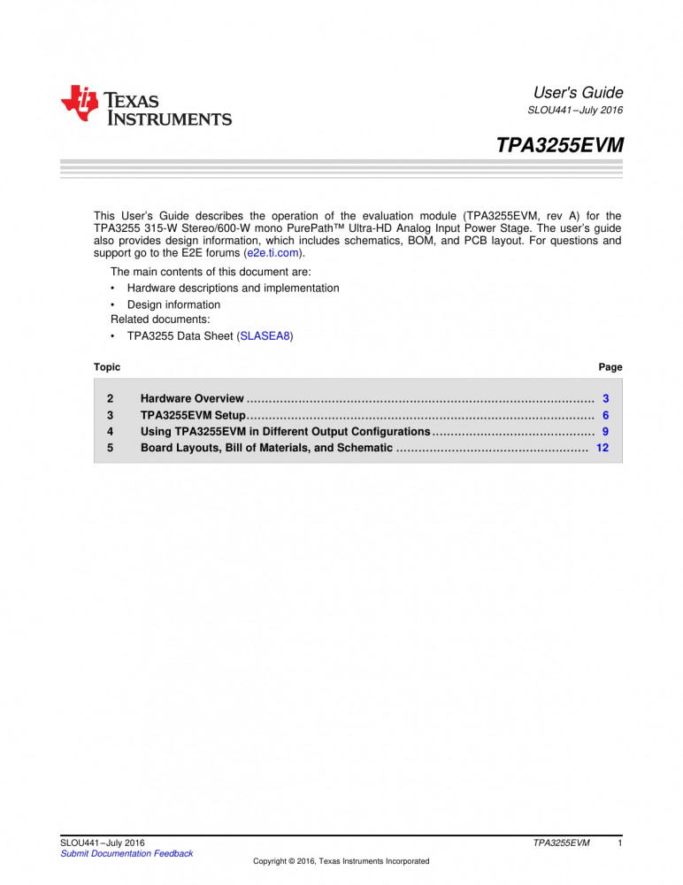 TPA3255EVM documentation page 1