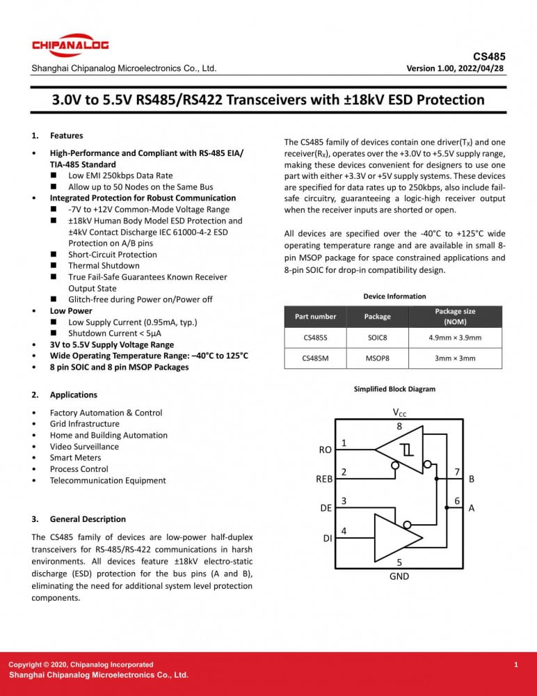 CS485S datasheet page 1