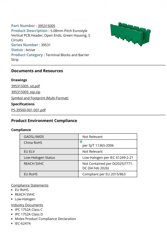 MOLEX 395315005 product document preview, page 1