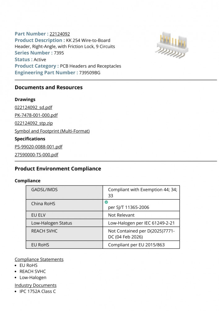 Technical document page 1 for MOLEX 22124092