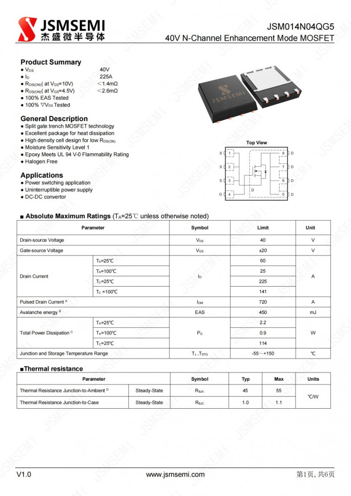 JSM014N04QG5 datasheet page 1