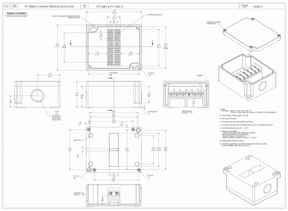 Bud Industries PTT-10681 and PTT-10681-C Series 6 central terminal block box drawing