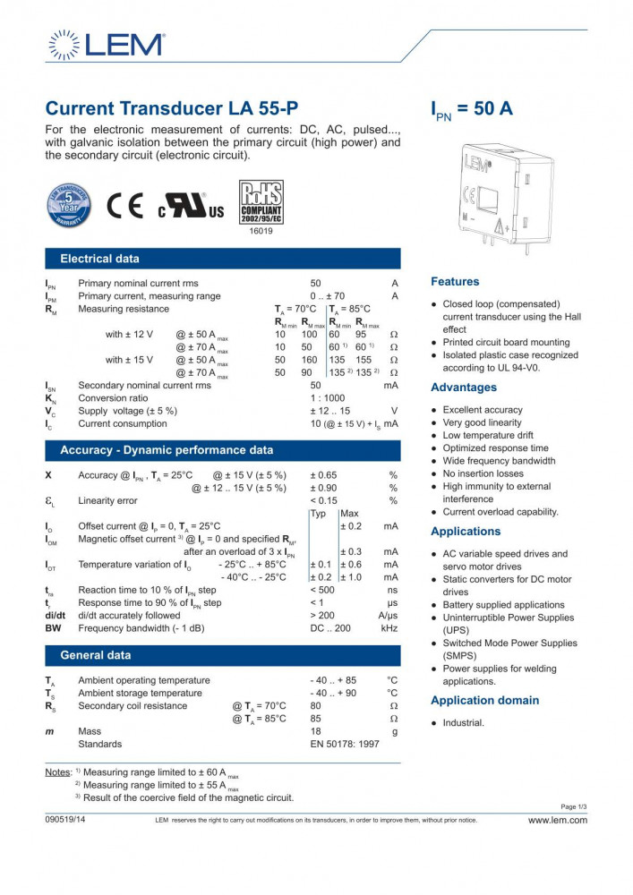LEM LA55-P datasheet page 1
