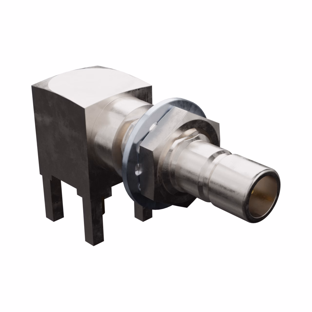 SMB Jack, Right-Angle, Bulkhead Receptacle, PCB, Through Hole, Brass Body, Nickel (Ni) Plated, Nut and Lockwasher Included, Tray, 50 Ohms for sale