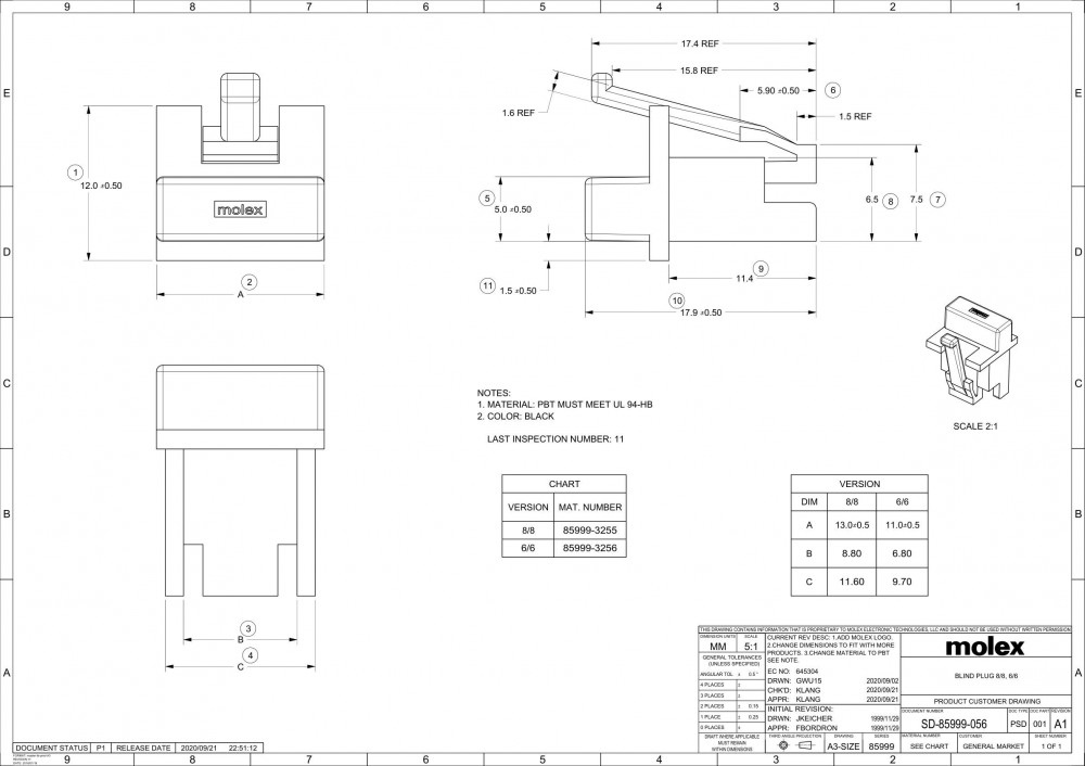 Product drawing image for blind plug model 0859993256, 6/6 version