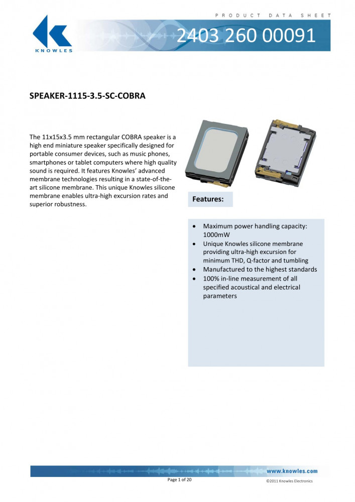Knowles 2403 260 00091 technical document page 1