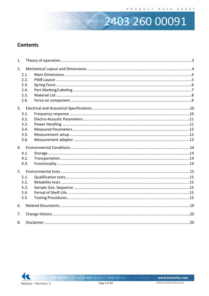 Knowles 2403 260 00091 technical document page 2