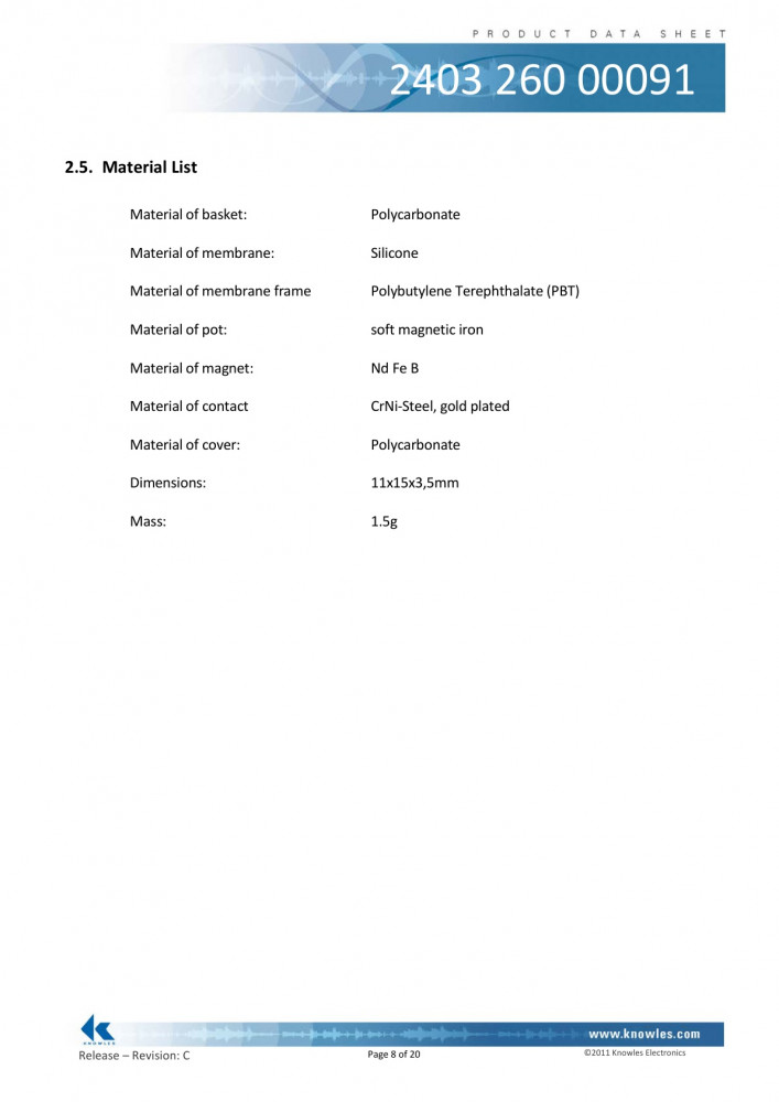 Knowles 2403 260 00091 technical document page 8