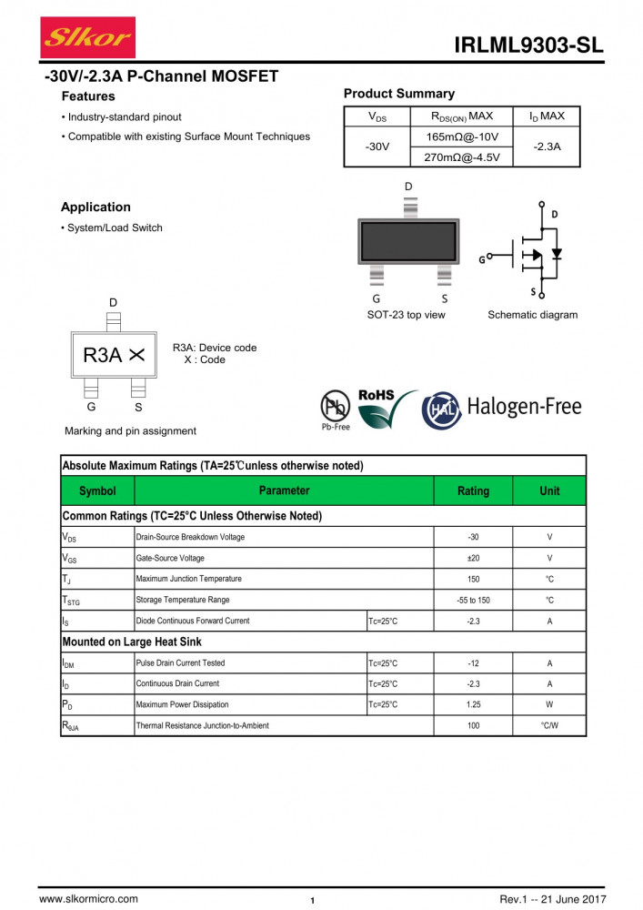 IRLML9303-SL datasheet page 1
