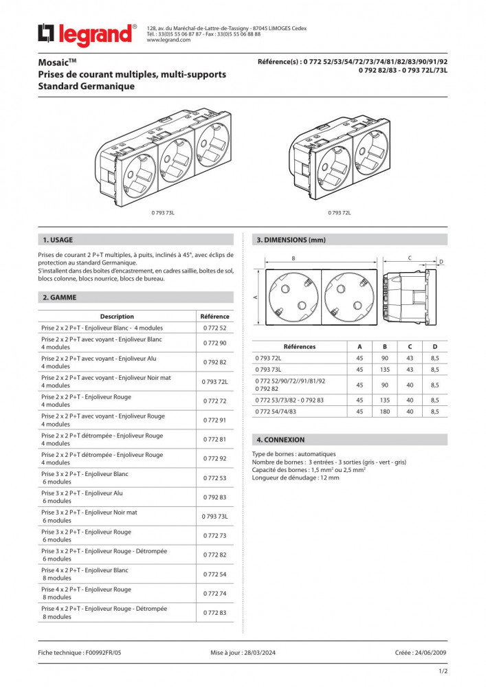 Legrand Mosaic technical document, page 1